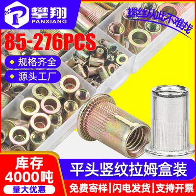 304不锈钢竖纹平头拉铆螺母盒装混装铆螺母套装跨境96/166/176PCS