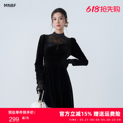 【反季价保】曼诺比菲冬季优雅气质丝绒拼接蕾丝连衣裙MFEL145151