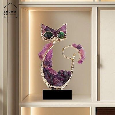 紫水晶幸运猫饰品可访问豪华高端样板房客厅展示柜现代可爱乔迁装