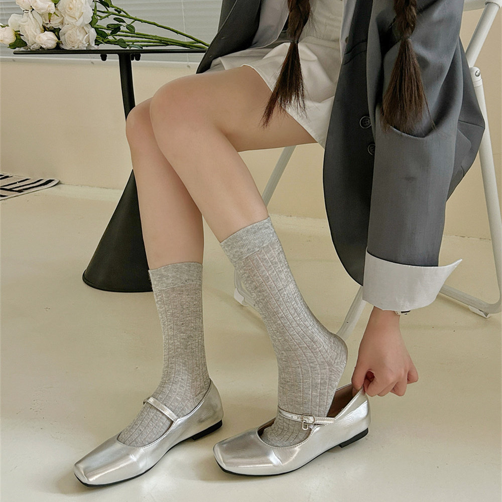蚂蚁同学miu风堆堆袜春夏显瘦抽条中筒棉袜女宽版坑条百搭学院风