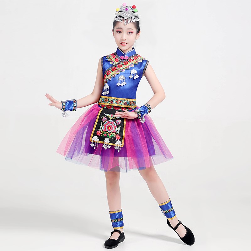 好货苗族服装女儿童凉山彝族七月火把节舞蹈服民族哈尼族女童演出