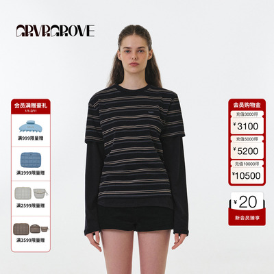 GROVE官方旗舰店 2025FW秋季新款圆领短袖T恤条纹撞色女 GF5TS01C