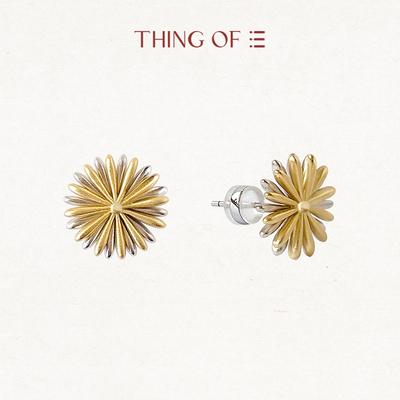 THING OF E隐士菊-菊纹双色纯银耳钉 精致耳饰圆形金色新款耳环