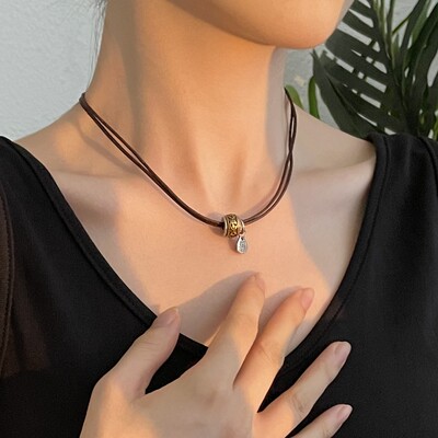 吊坠925银皮复古六字真言路路通桶珠皮绳项链复古简约百搭 N16652