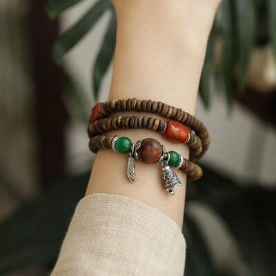 S925银奇楠沉香算盘珠随型南红绿松石包浆南红三圈手串 S10515