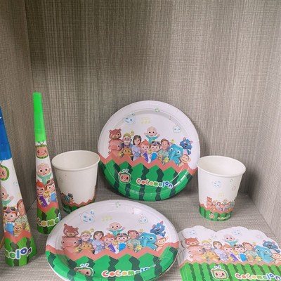 cocomelon paper cup paper plate tablecloth knife fork and