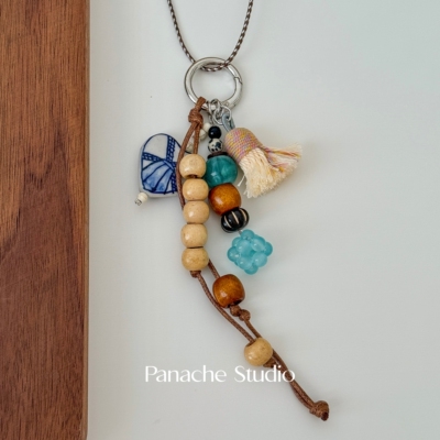 PANACHE 手工编织陶瓷猫眼流苏长款项链 小众设计串珠复古毛衣链