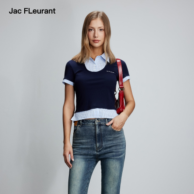 【罗予彤 叶舒华同款】JAC FLEURANT 新款拼接衬衣领上衣假两件