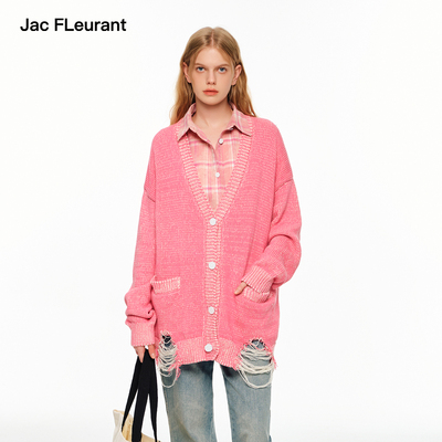 JAC FLEURANT【汪苏泷同款】玫红色做旧破坏假两件衬衣全棉开衫