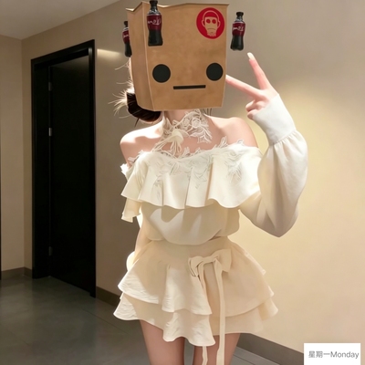 法式气质蕾丝露肩女长袖套装短裙