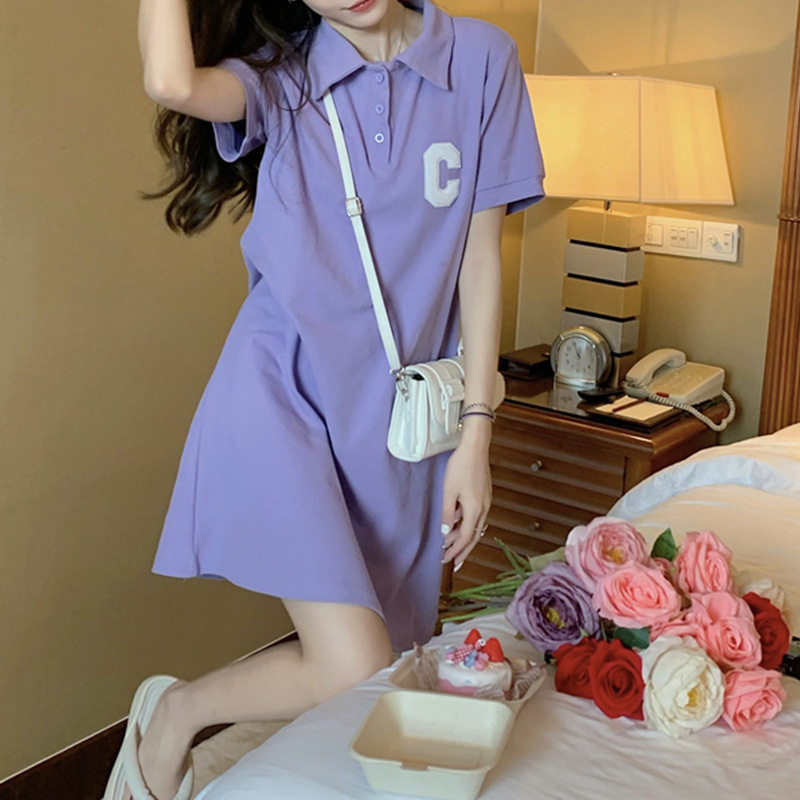 进店铺看更多短袖齐膝女裙-2023新款学院风紫色修身设计感A字裙子