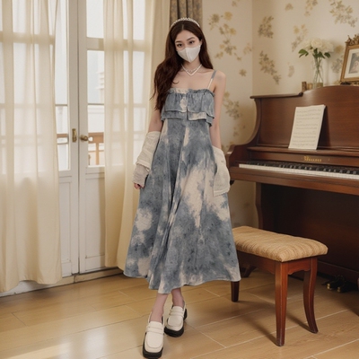 居家睡裙秋冬Oysho魅惑设计感水墨风晕染抹胸吊带裙赫本风纯欲风