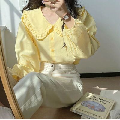 Sweet Peter Pan Collar Shirt Women Vintage Long Sleeve Blous