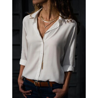 Women Casual Long Sleeve Chiffon Blouse Elegant Lapel Loose