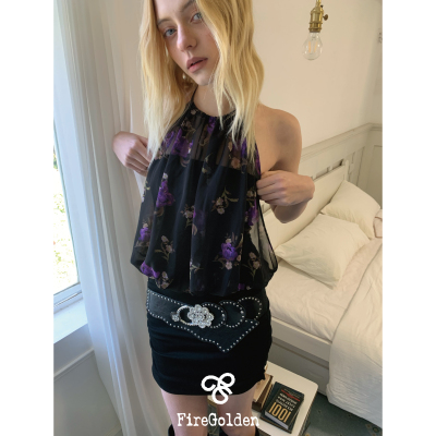 FireGolden炉2026春夏紫色碎花印花假两件挂脖辣妹包臀裙