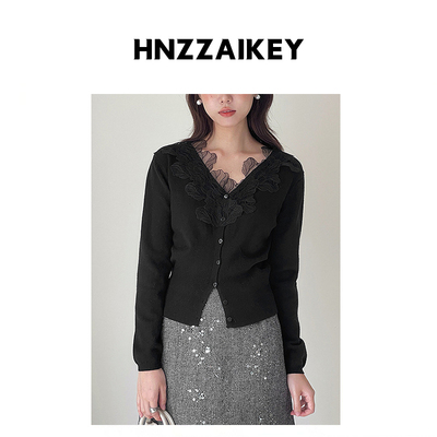 HNZZAIKEY 蕾丝拼接V领针织开衫冬季新款通勤长袖毛衣 J802C