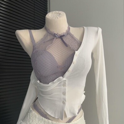 撩心嗲妹 小胸聚拢内衣女显大遮副乳挂脖纯欲性感蕾丝文胸罩套装