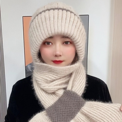 帽子围巾一体风雪帽毛线帽纯手工编织女款连体帽护耳加厚防寒保暖