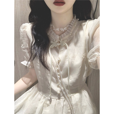 新中式刺绣杏色连衣裙女夏