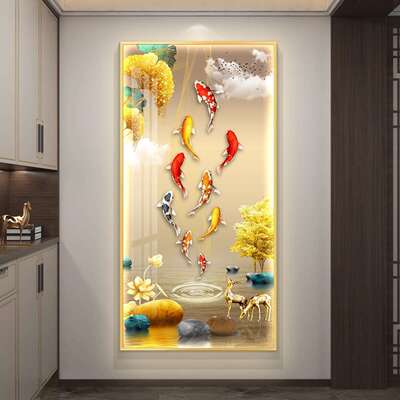 ed带灯轻奢入挂户进门l九鱼图关玄装PHO饰画竖版荷花寓意好的画壁