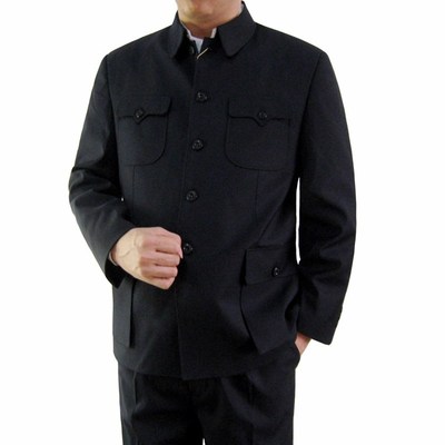 爸爸装中老年中山装加绒加厚毛氏哔叽中山装藏蓝色父亲套装