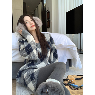 Joeyoo秋冬新款宽松设计感菱格针织套装女针织衫半身短裙两件套潮