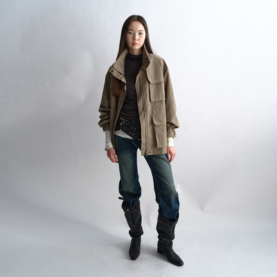 antenna effect春新款复古工装多口袋立领夹克巴恩风宽松外套