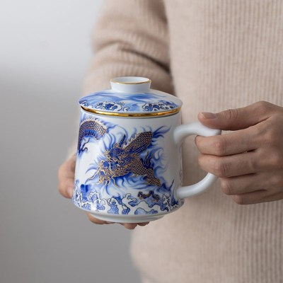 唐舍国风白瓷陶瓷办公杯茶水分离带盖泡茶杯个人专用杯喝水杯杯子