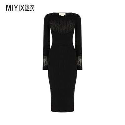 【秋季新品】Genny 女款黑色羊毛混纺连衣裙 迷衣时尚