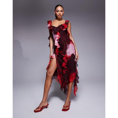 ASOS DESIGN 女士 中长连衣裙 设计不对称层叠感绑带领抽象印花