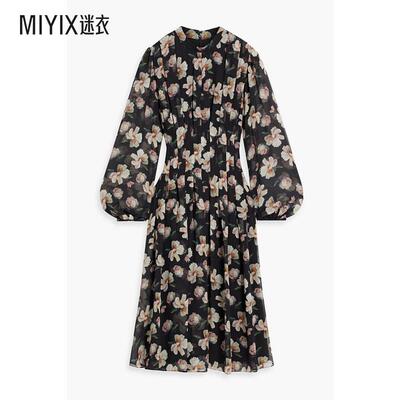 Mikael Aghal女士褶裥印花雪纺中长连衣裙  迷衣时尚