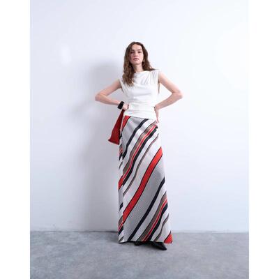 Topshop 女士 超长裙 flood length bias 长款红色白色条纹半身裙