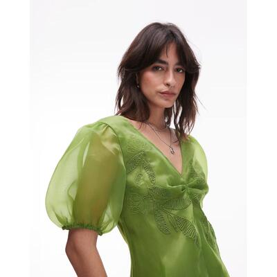 Topshop 女士 T恤 刺绣欧根纱泡泡袖绿色上衣