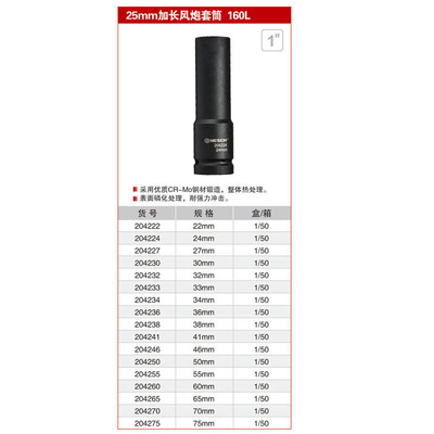 耐世重型25mm特长风炮套筒204222 204224 204227 204230 204232