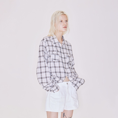 RURE蓝色格子棉麻感工装衬衣