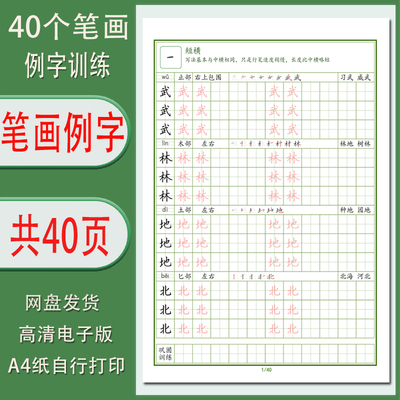 40个基本笔画加例字电子字帖学生练字带拼音笔顺结构组词打印40页
