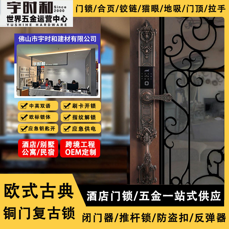 欧式豪华古典全铜双开大门电子锁柚木门别墅铜门指纹识别智能锁
