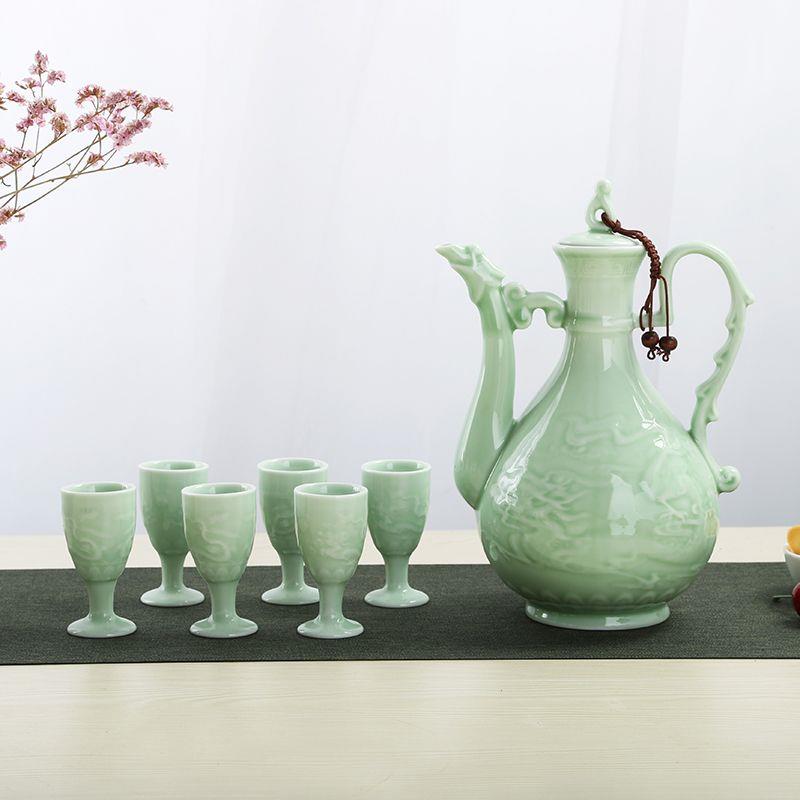 青瓷白酒酒具套装家用陶瓷酒壶黄酒高脚小酒杯分酒器套件古典简约