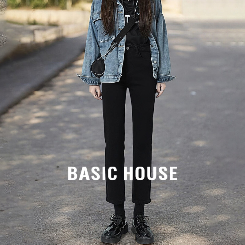 Basic House/百家好黑色加绒直筒牛仔裤女冬季小个子九分烟管裤子