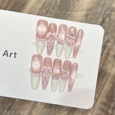 【尘烟】纯手工穿戴甲甜美纯欲美甲玻璃猫眼法式蝴蝶结甲片