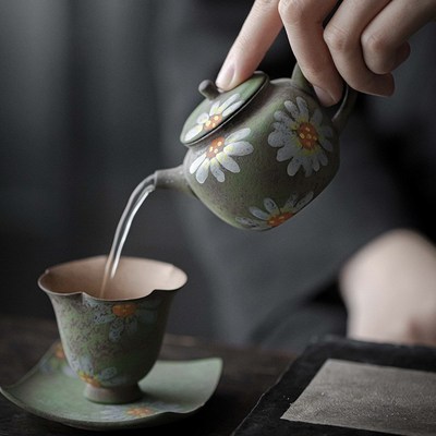 清欢丨老岩泥手绘向日葵品茗杯茶杯复古陶瓷主人杯花口杯喝茶杯