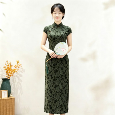 挽苏墨绿色植绒旗袍复古改良女