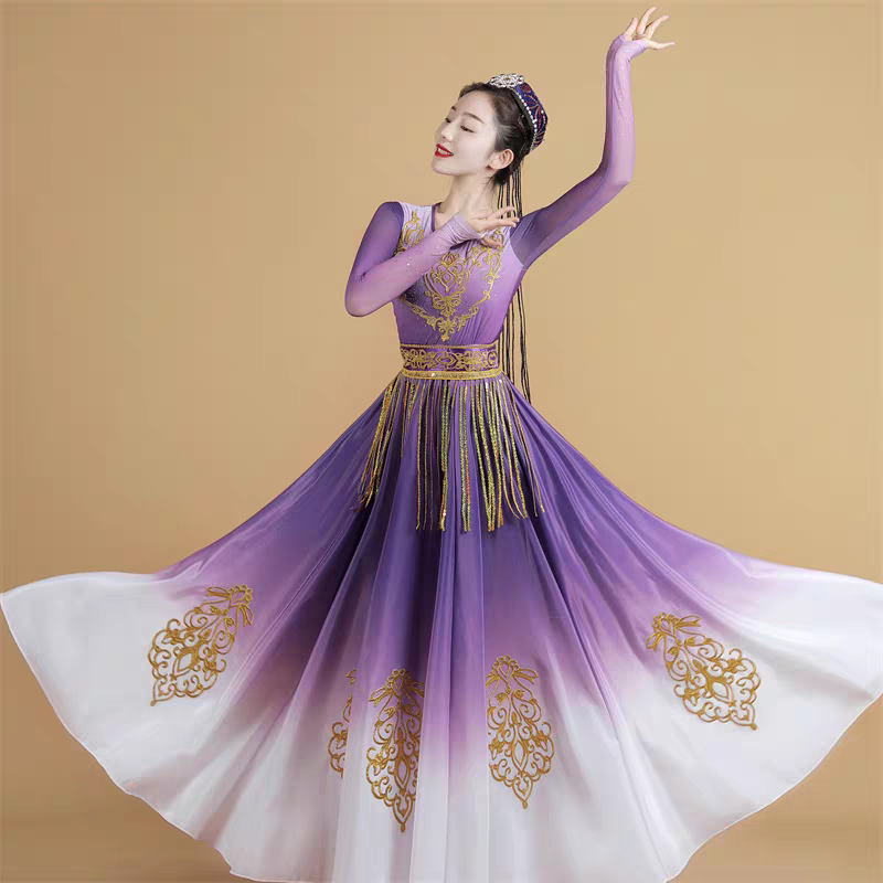 新疆舞蹈演出服维族舞蹈服维吾族舞裙维吾尔族2026艺考练习裙紫色