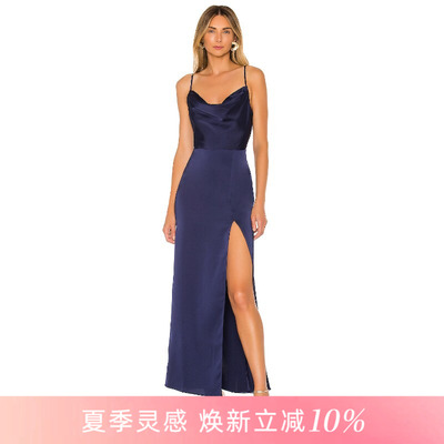 [夏季新品]REVOLVE藏青色连衣裙荡领细吊带缎面简约风长裙