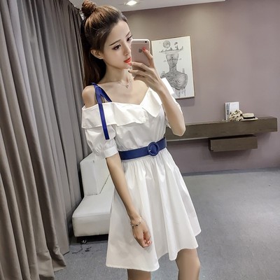 一字肩连衣裙女夏白色吊带裙仙女超仙甜美法式初恋小白裙个子裙子