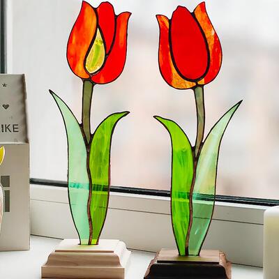 跨境Suncatcher郁金香手工花叶子摆件装饰彩色玻璃捕光器花束