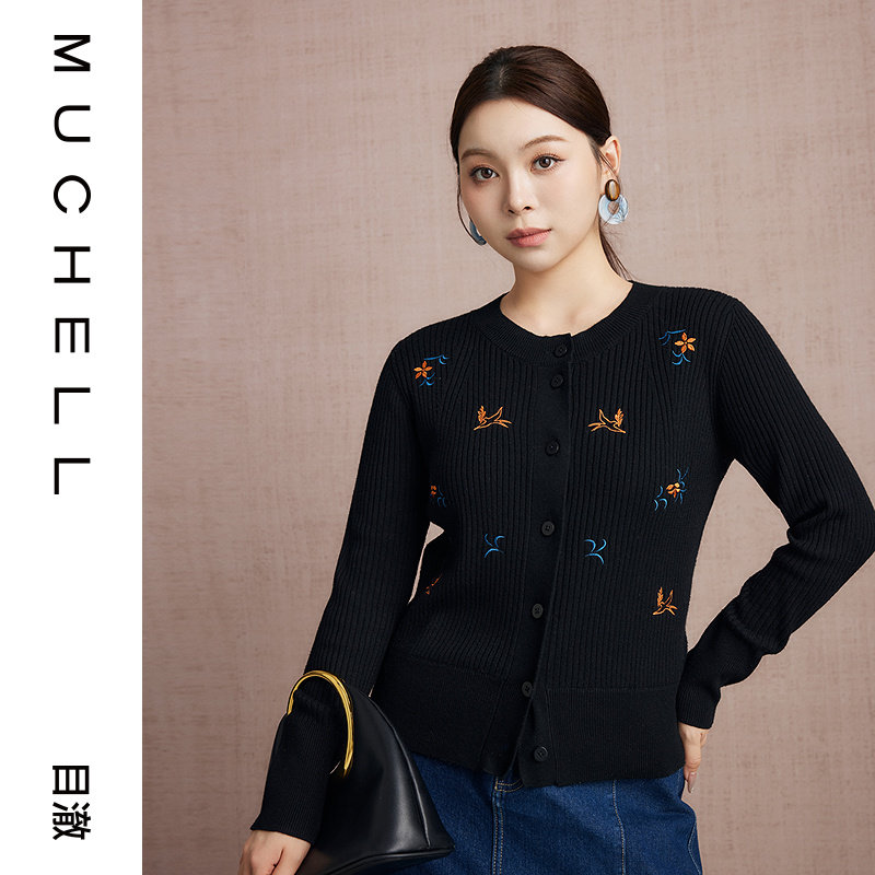 目澈MUCHELL【墨夜飞燕】大码雨燕刺绣羊毛混纺女士宽松针织开衫