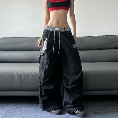 JADEQILIN格子拼接假两件休闲伞兵裤男女美式复古运动潮流工装裤