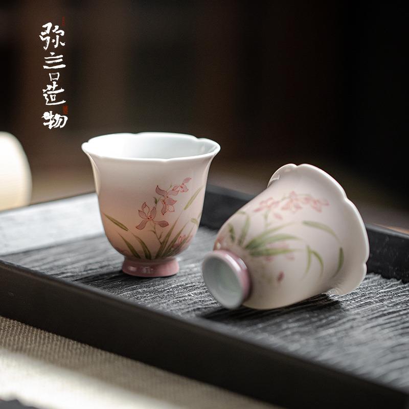 弥言纯手绘兰花主人杯手工陶瓷花口茶杯家用品茗杯日式聚香闻香杯