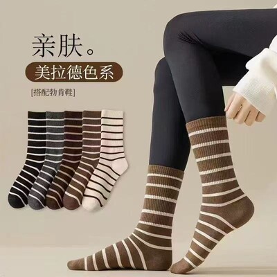 条纹袜子女中筒袜美拉德色系日系百搭学院风运动袜潮流中筒袜子